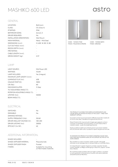 MASHIKO LED LED glass and steel wall lamp for bathroom By Astro Lighting