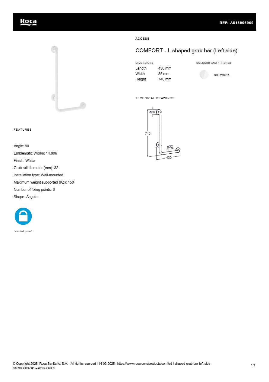 COMFORT Fixed L-shaped metal grab bar By Roca