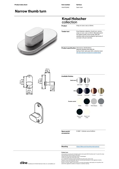NARROW THUMB TURN lock By d line design Knud Holscher