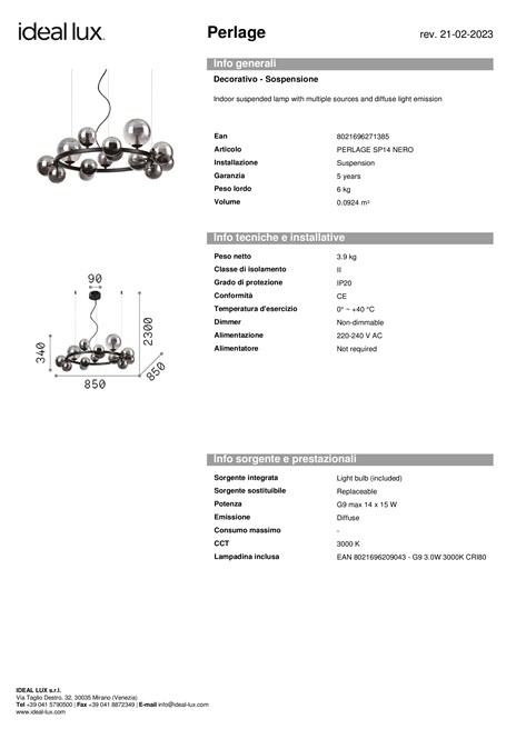 PERLAGE SP11 / 14 Pendant lamp By Ideal Lux