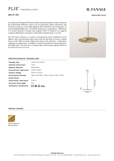 PLIE’ 284.01 LED brass pendant lamp By Il Fanale | design Paolo Dell'Elce