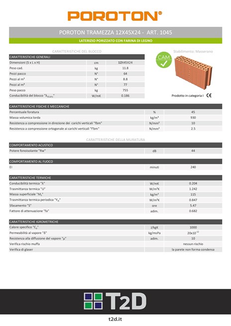 POROTON® TRAMEZZA 12x45x24 Blocco da tramezzatura in laterizio By T2D
