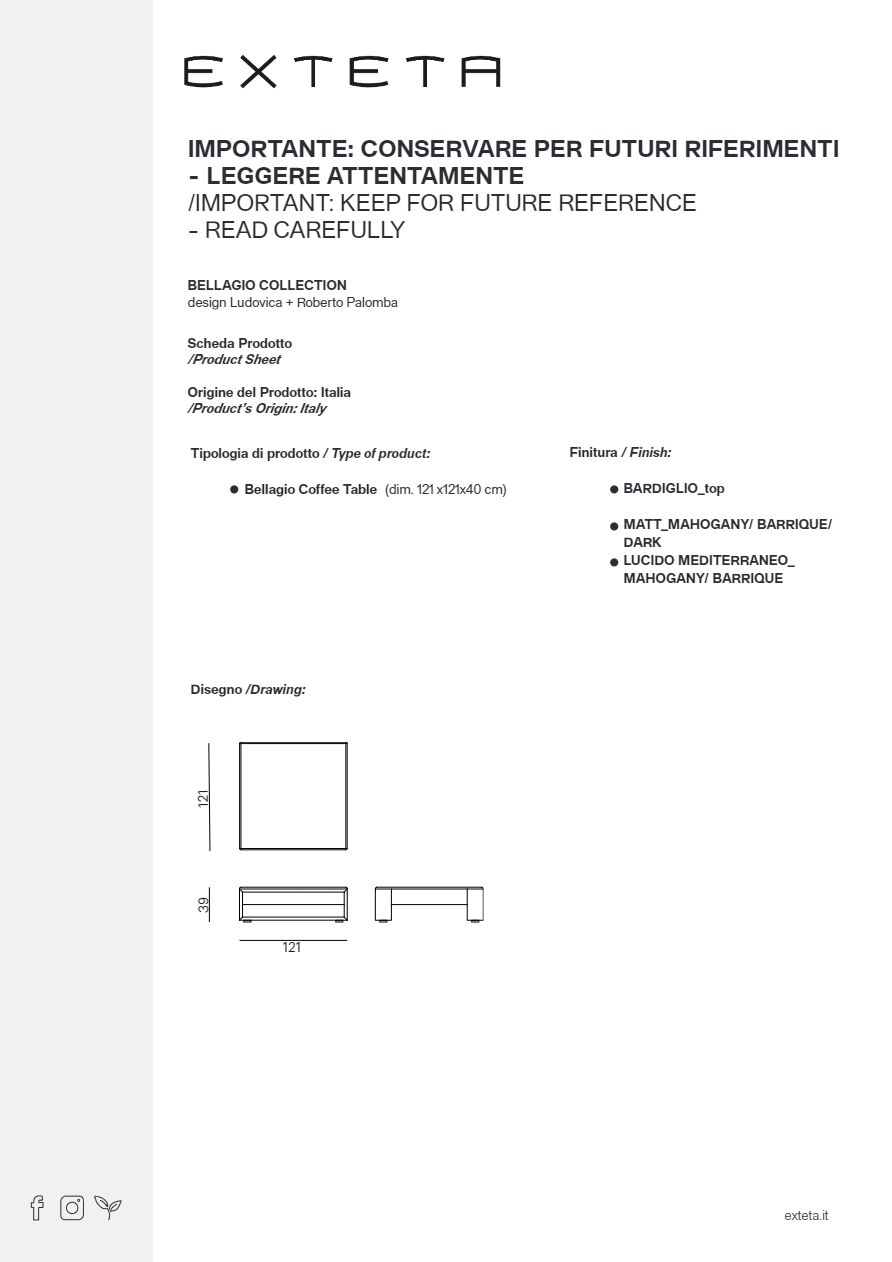 BELLAGIO Square low Bardiglio marble coffee table By Exteta