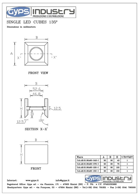 Spotlight housing in plasterboard SINGLE LED CUBES 135° By Gyps