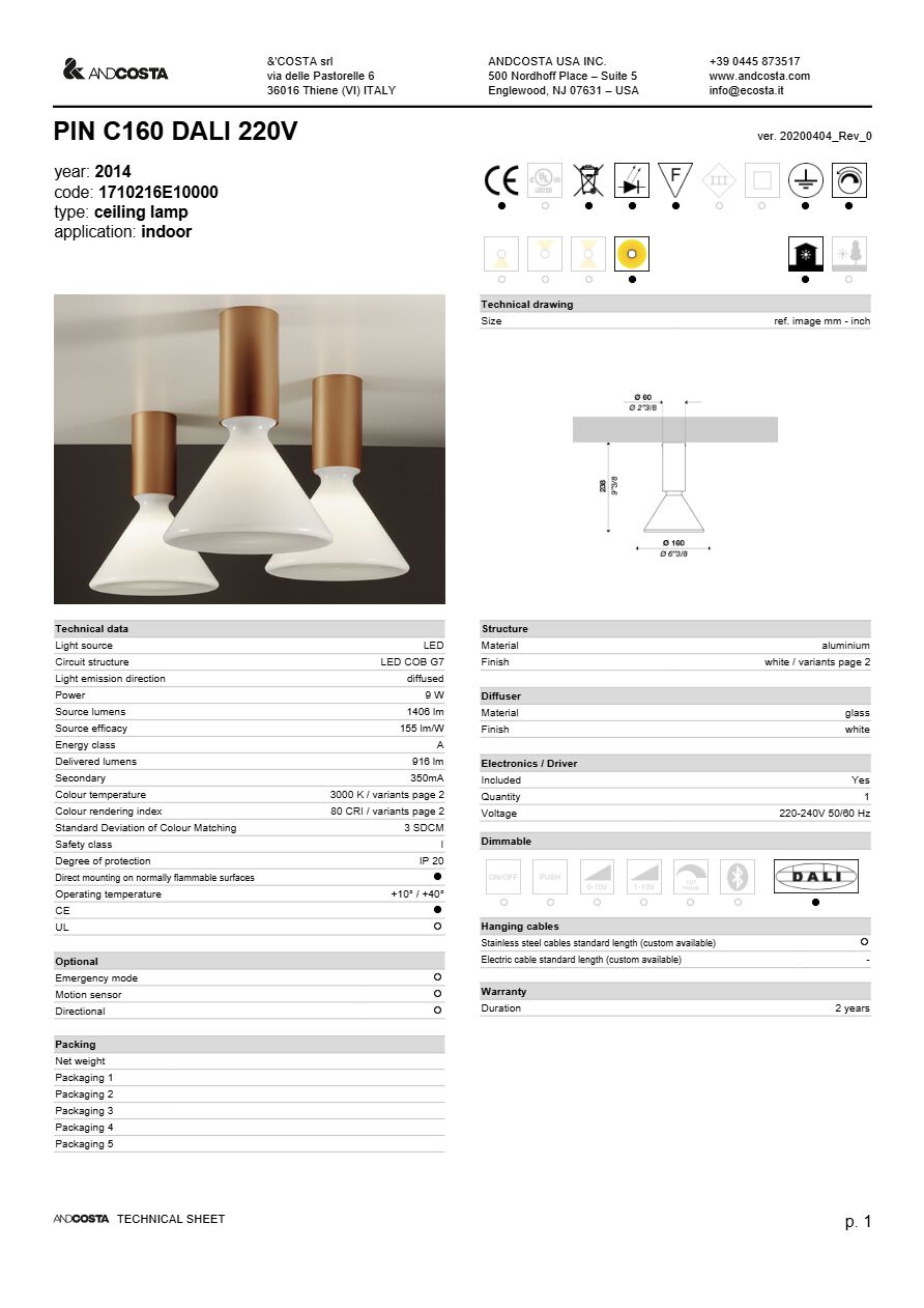 PIN C160 Ceiling lamp By Andcosta