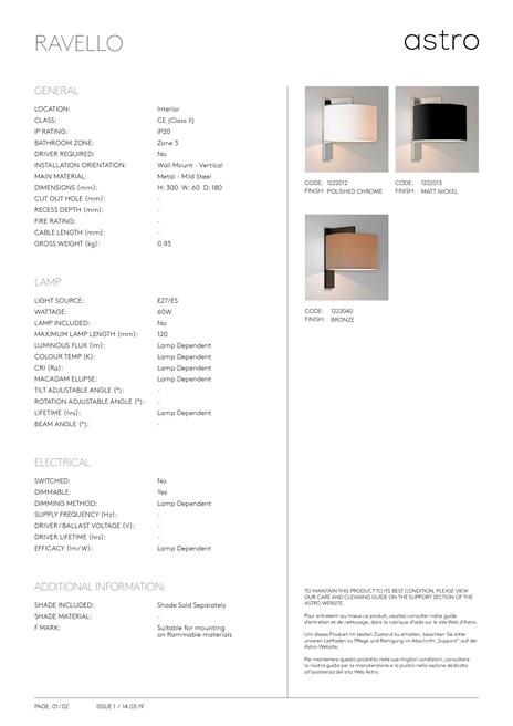 RAVELLO Applique con braccio fisso in acciaio e tessuto By Astro Lighting