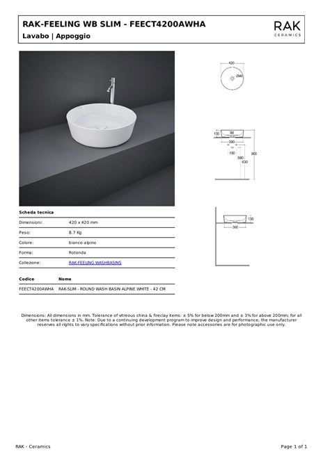 RAK-FEELING | Lavabo rotondo Collezione RAK-Feeling By RAK Ceramics