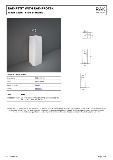 RAK-PETIT Freestanding square ceramic washbasin By RAK Ceramics ...
