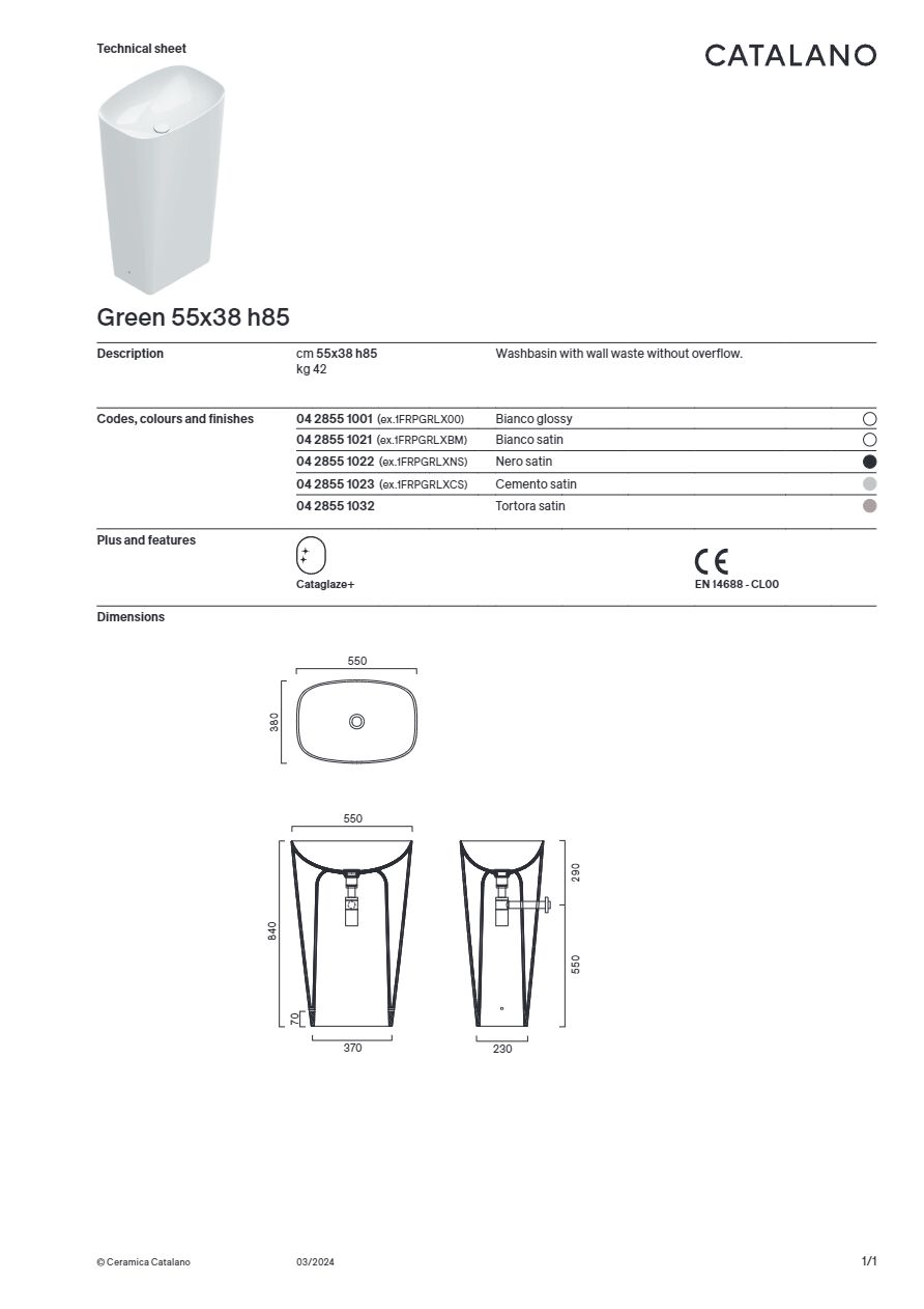 GREEN 55x38 Lavabo óvalo de pie By CERAMICA CATALANO