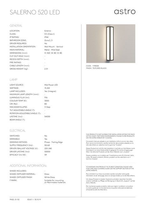 SALERNO 520 LED glass and steel Outdoor wall Lamp By Astro Lighting