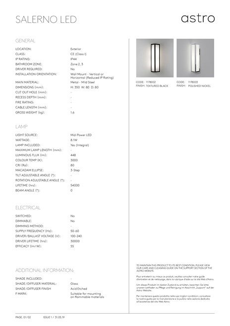 SALERNO 520 LED glass and steel Outdoor wall Lamp By Astro Lighting
