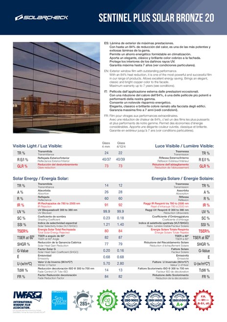 Film pour fenêtres anti solaire collant SENTINEL PLUS SOLAR BRONZE 20 ...