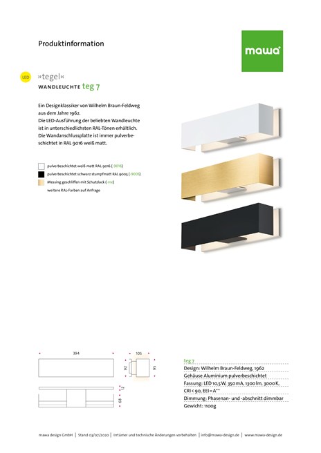 TEGEL Wall light By Mawa Design | design Wilhelm Braun-Feldweg