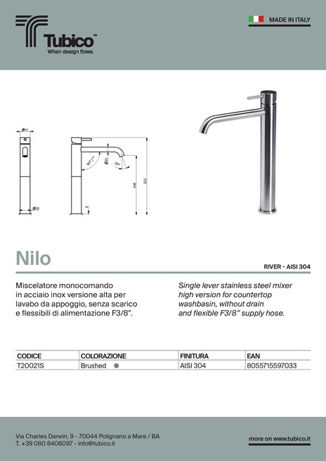 NILO Countertop single handle stainless steel washbasin mixer By Tubico