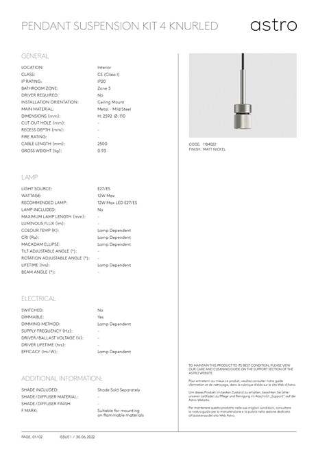 PENDANT SUSPENSION KIT 4 By Astro Lighting