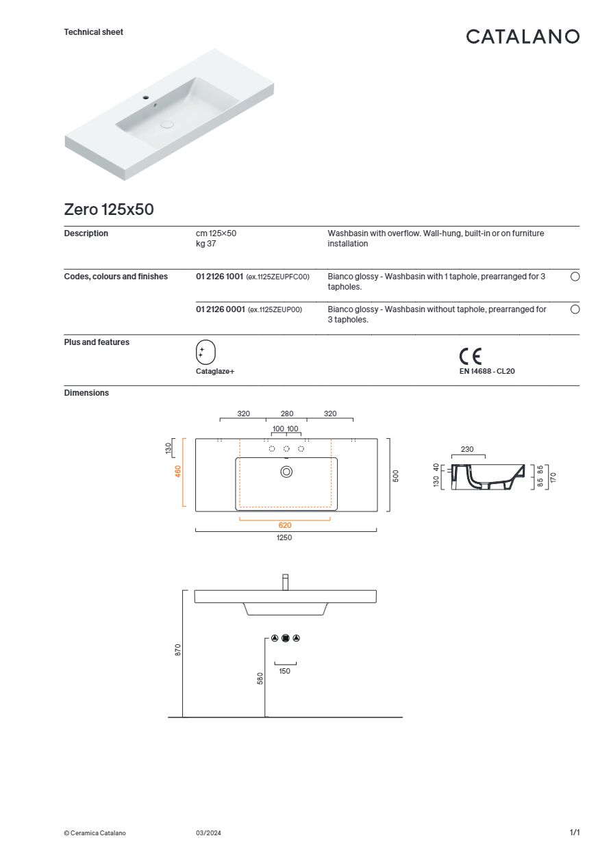 ZERO 125x50 Lavabo rectangulaire simple avec plan intégré By CERAMICA ...