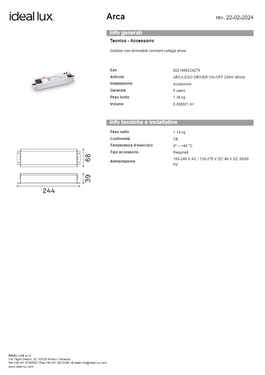 ARCA EGO DRIVER Alimentatore LED in alluminio estruso By Ideal Lux