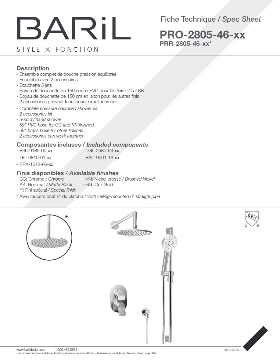 PRO-2805-46 Thermostatische Duschset mit Kopfbrause By BARIL