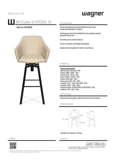 W-CUBE 5 H | Taburete de bar Taburete giratorio de bar con brazos By Wagner