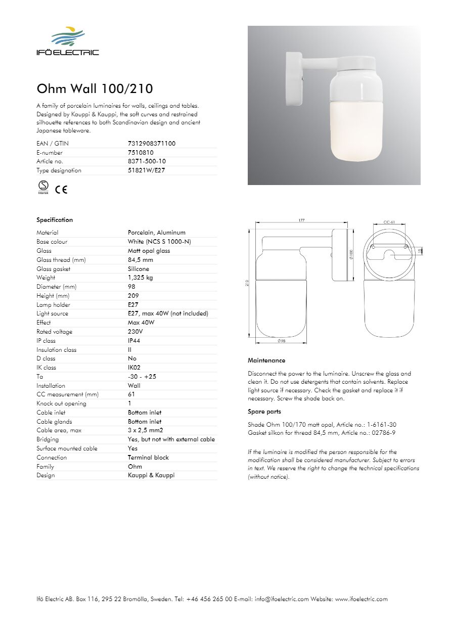 OHM 100 Matt opal glass and porcelain wall lamp By Ifö Electric