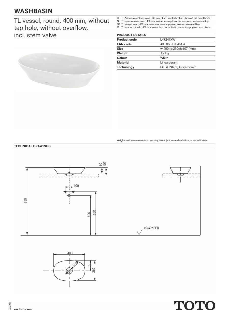 TL L4724E#XW / L4706E#XW Lavabo By TOTO