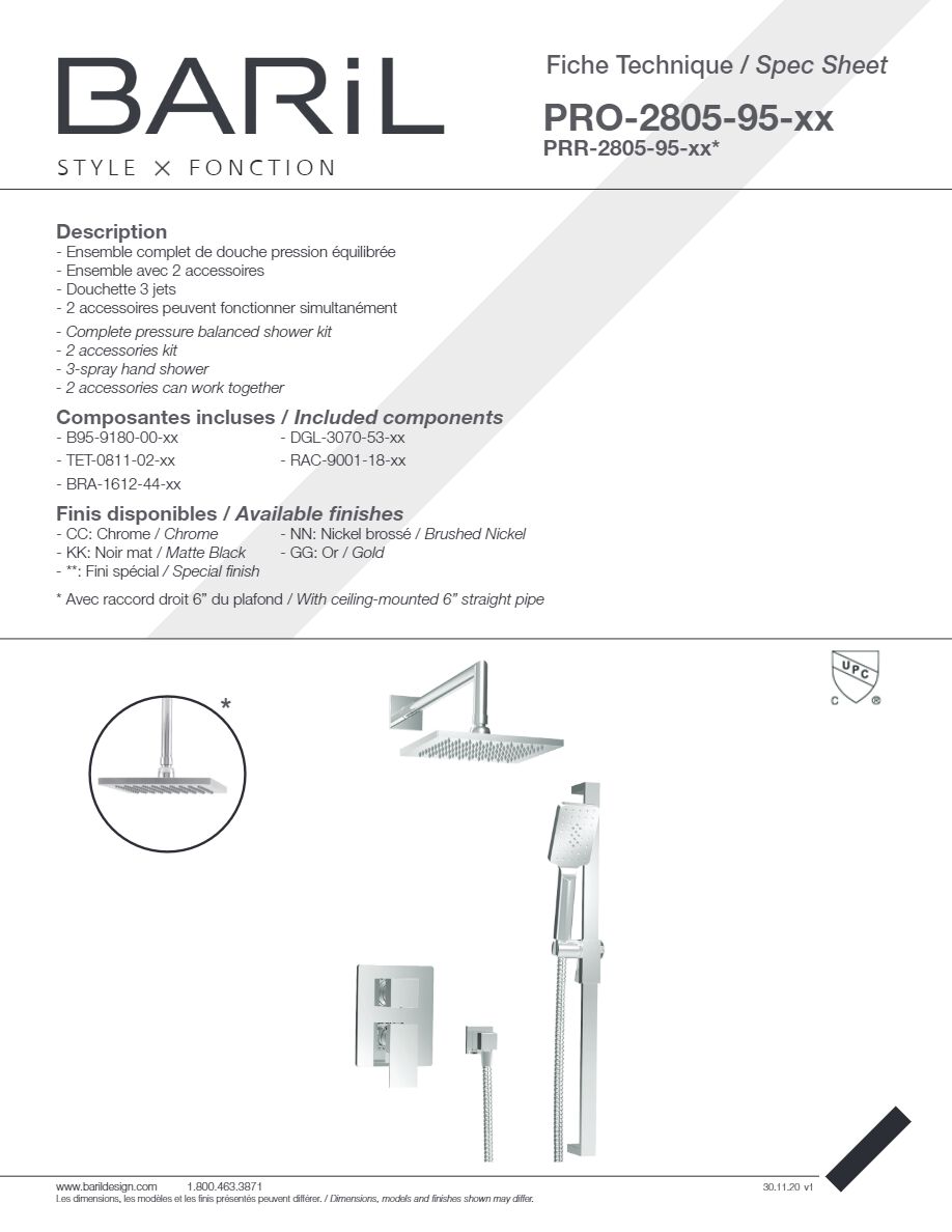 PRO-2805-95 Set doccia termostatico con soffione By BARIL