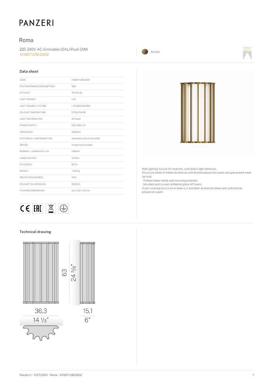 ROMA Wall lamp By PANZERI