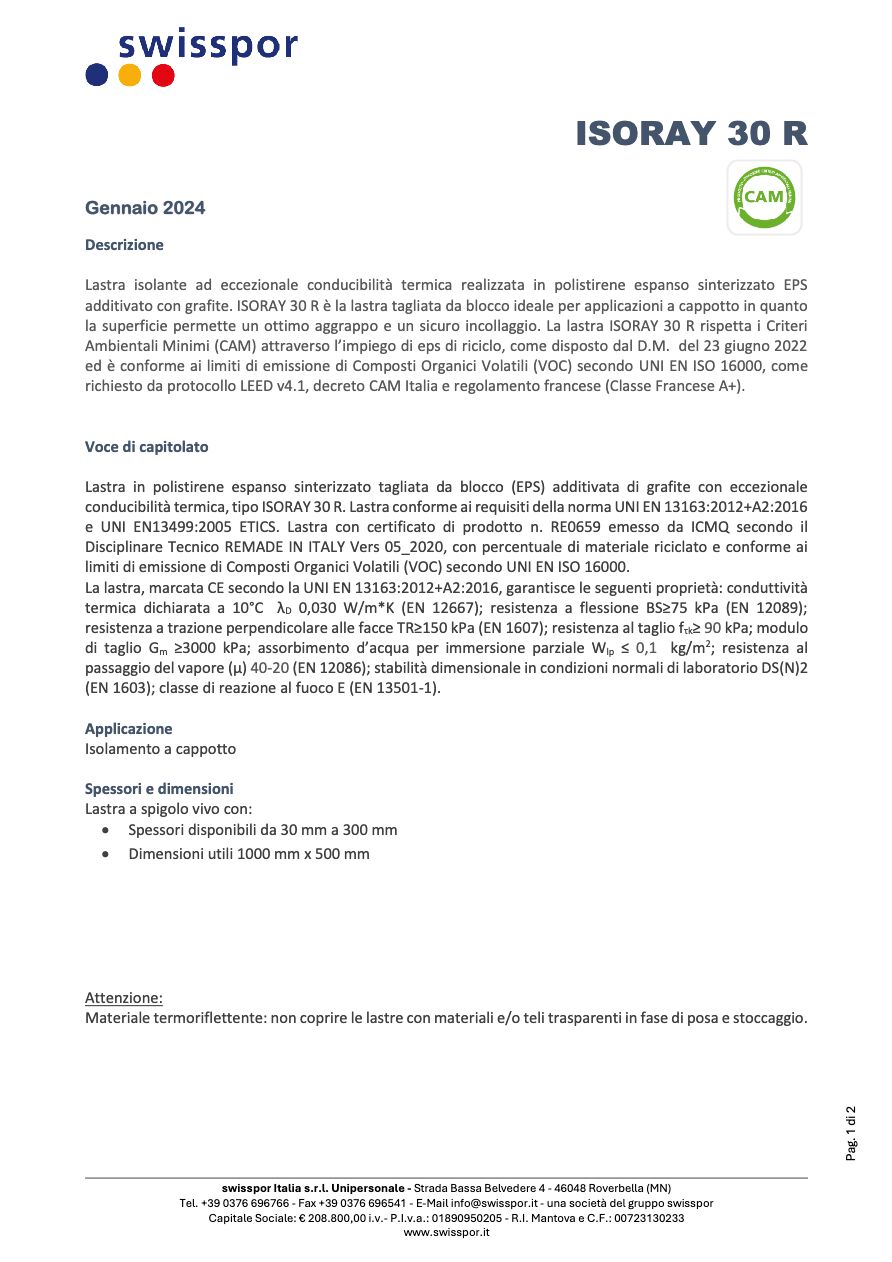 ISORAY 30-R Pannello termoisolante in EPS con grafite By Swisspor
