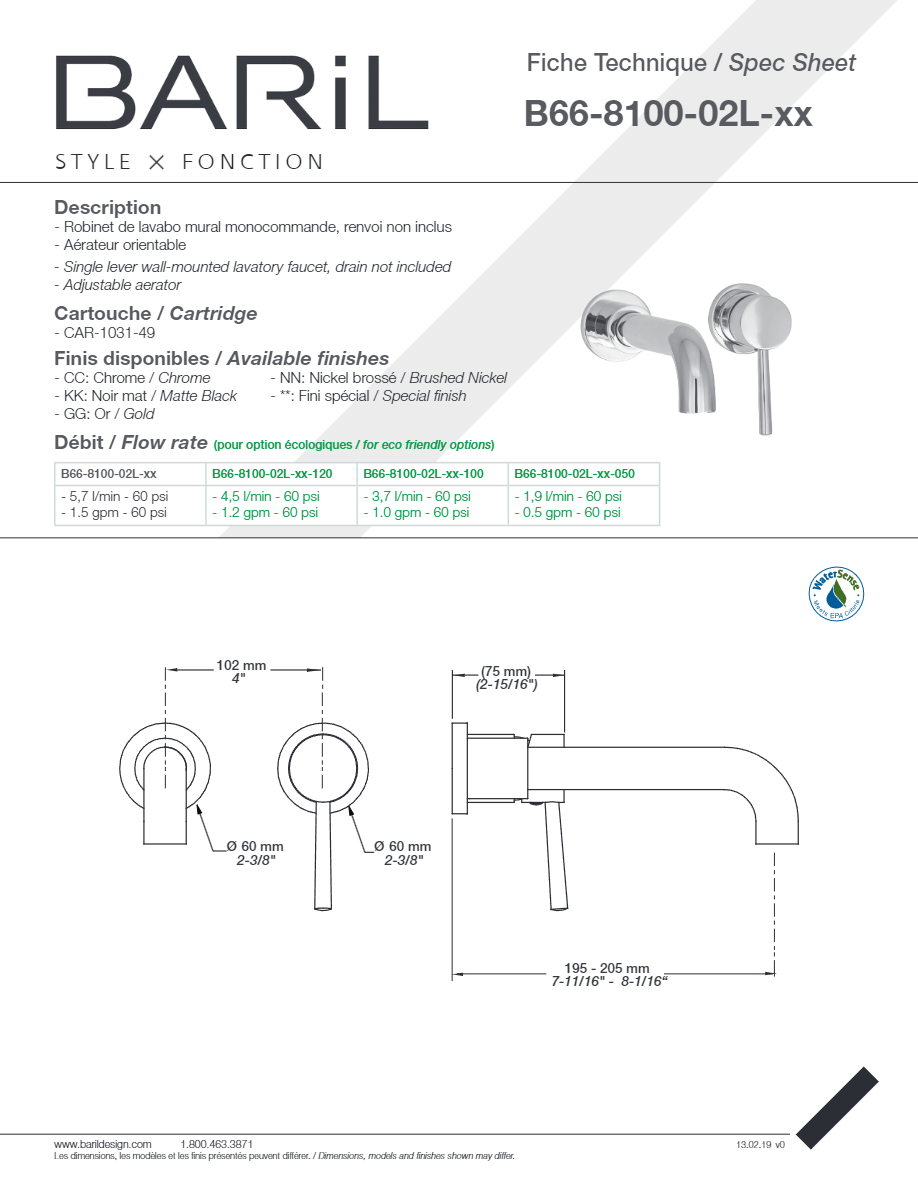 ZIP B66 Wall-mounted 2 hole washbasin mixer without waste By BARIL