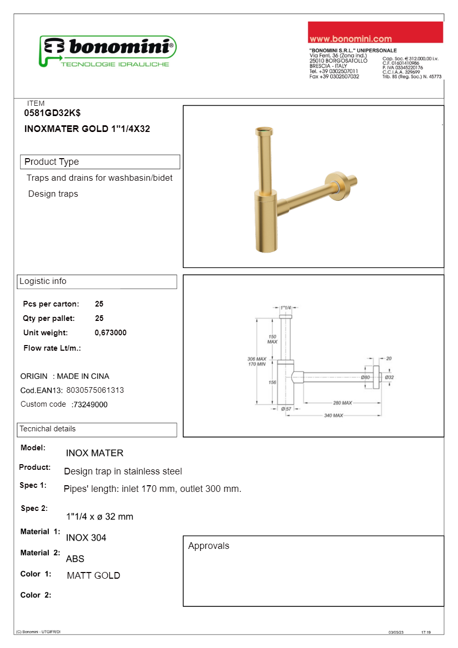 INOX MATER GOLD Washbasin stainless steel siphon By Bonomini