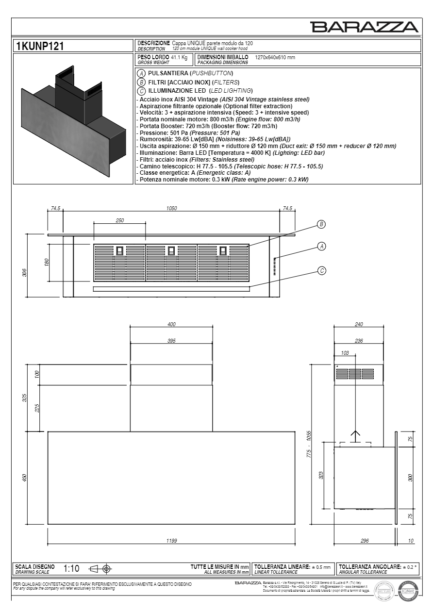 UNIQUE 1KUNP121 Cooker hood By Barazza