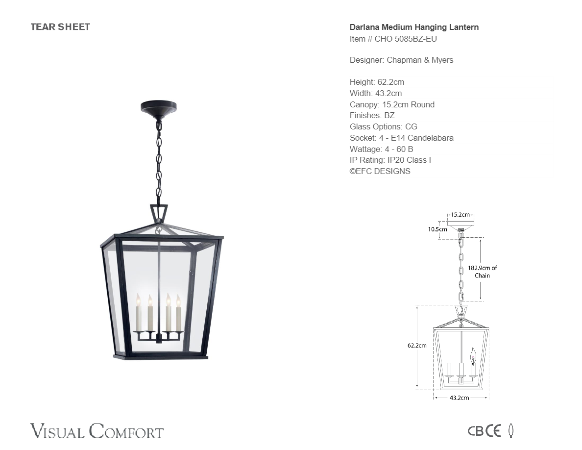 DARLANA MEDIUM HANGING LANTERN Lampada a sospensione per esterno By Visual Comfort Europe