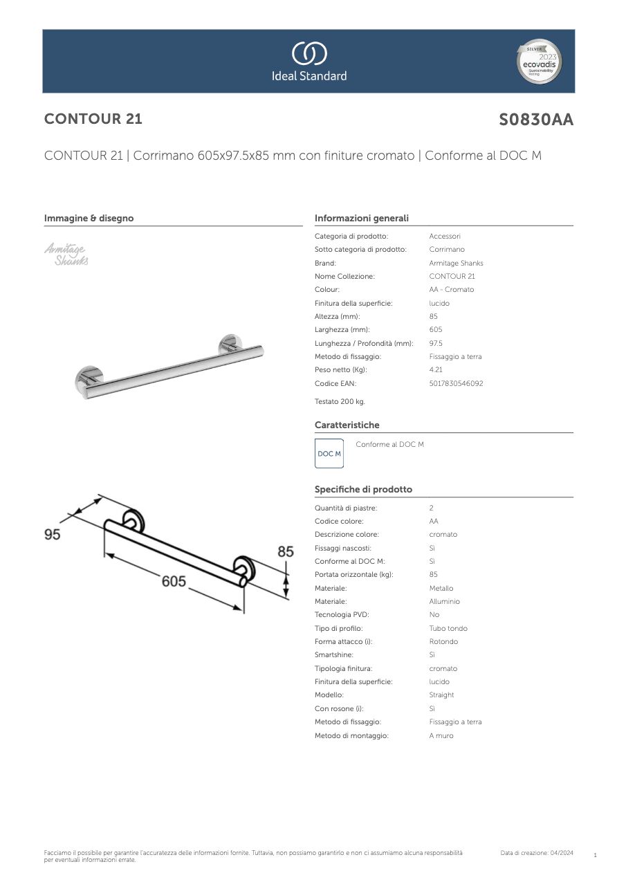 CONTOUR 21 S0830AA Maniglione bagno By Ideal Standard