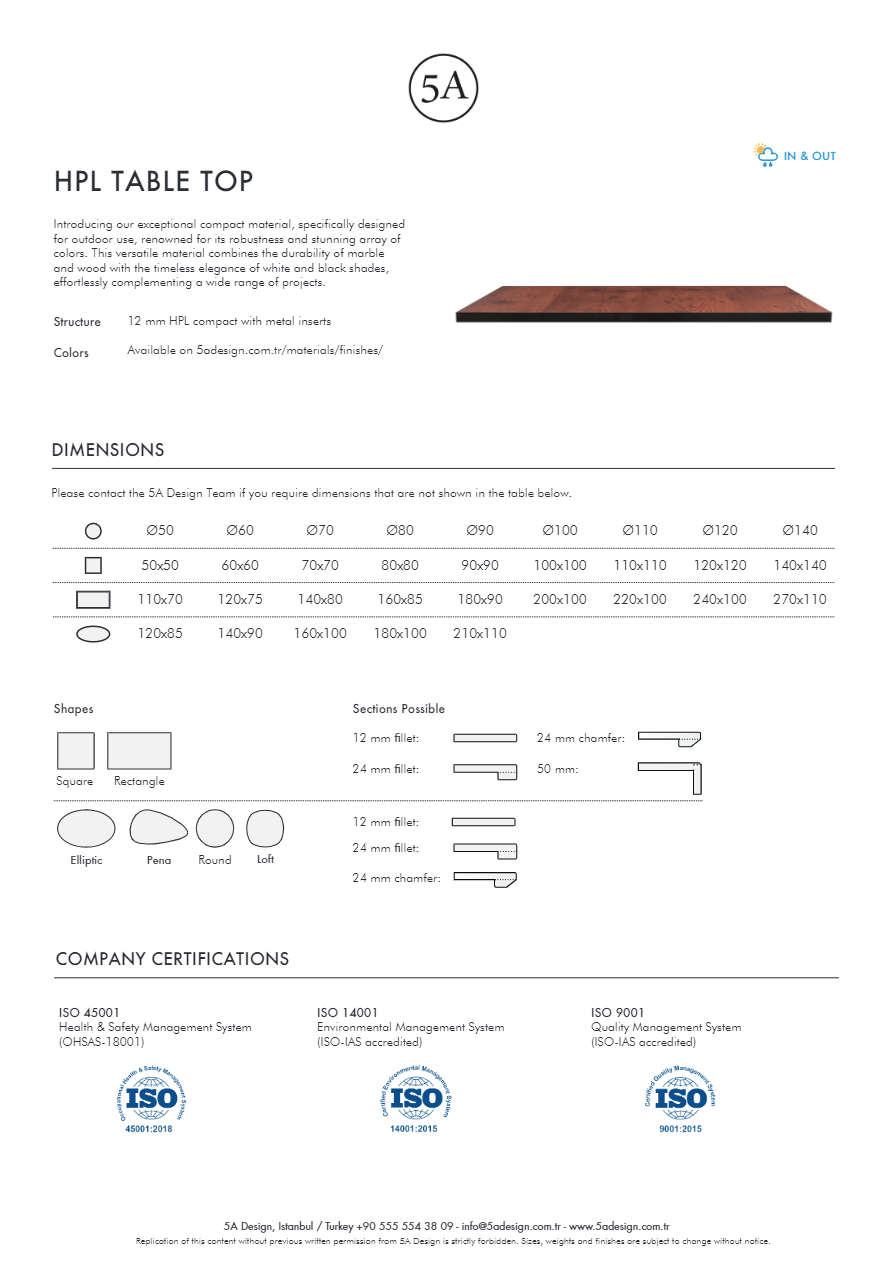 HPL (COMPACT) TOPS Tablero para mesa By 5A Design