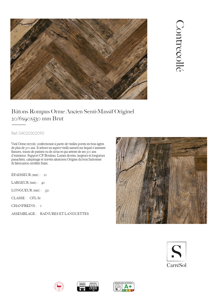 BÂTON ROMPU ORME ANCIEN SEMI-MASSIF Flooring By CarréSol Éditions