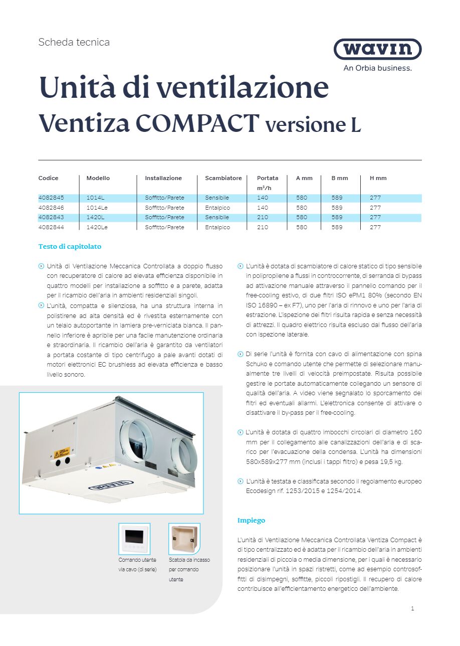 VENTIZA COMPACT Unità di ventilazione meccanica controllata By WAVIN ITALIA