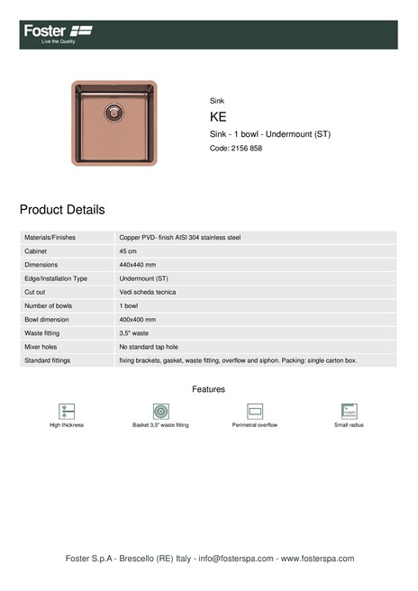 KE R15 40X40 S/TOP COPPER B. sink By Foster