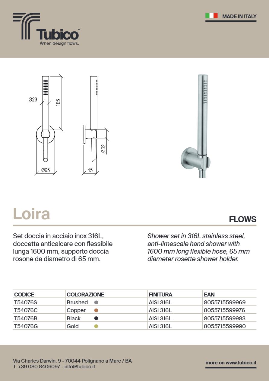 LOIRA Shower set in stainless steel By Tubico
