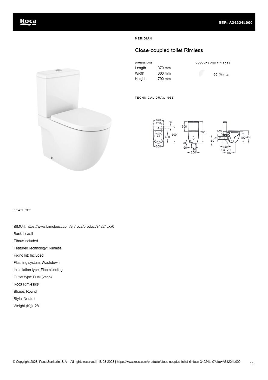 MERIDIAN 34224L..0 Rimless back to wall close coupled porcelain toilet ...
