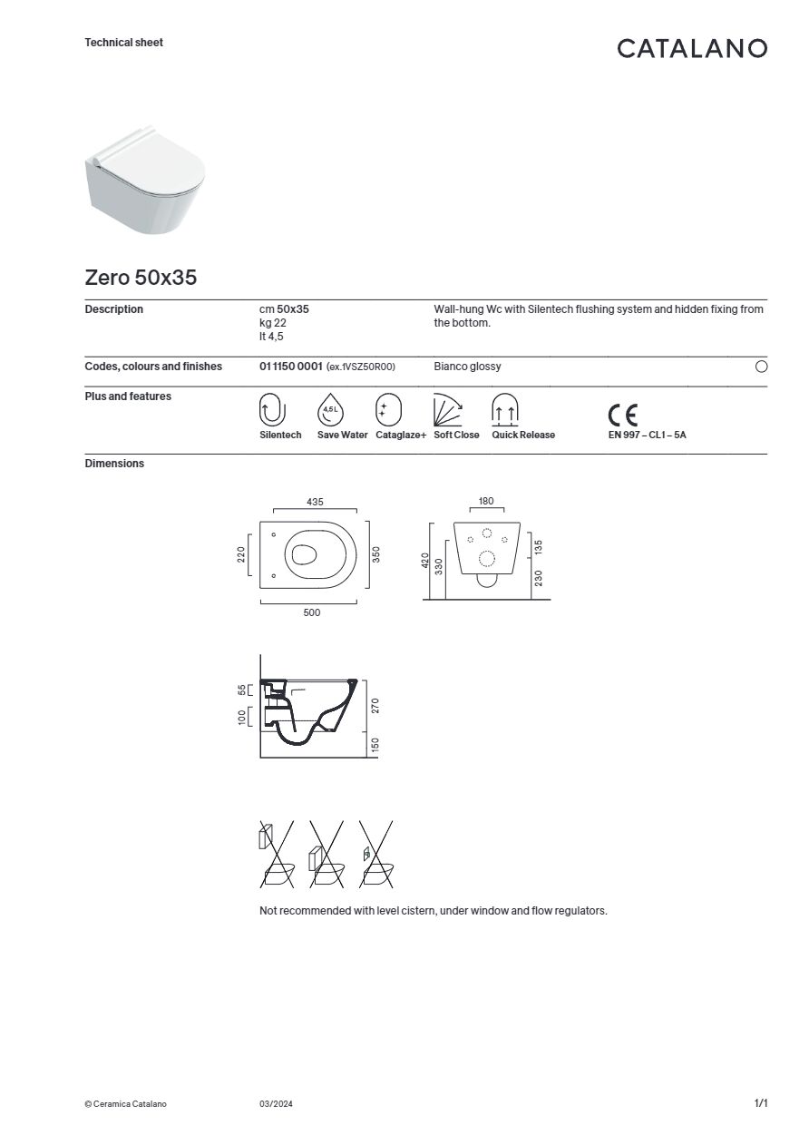 ZERO 50/55 Wall-hung rimless toilet By CERAMICA CATALANO