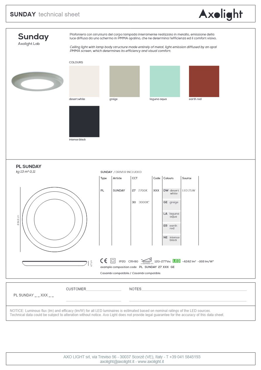 SUNDAY Ceiling lamp By AXOLIGHT