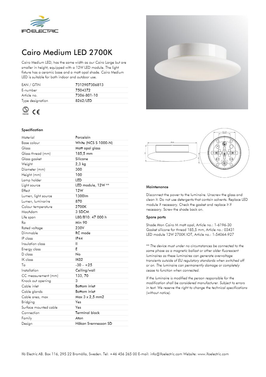ATON CAIRO MEDIUM Lampada da parete / lampada da soffitto a LED in vetro opale e porcellana By ...