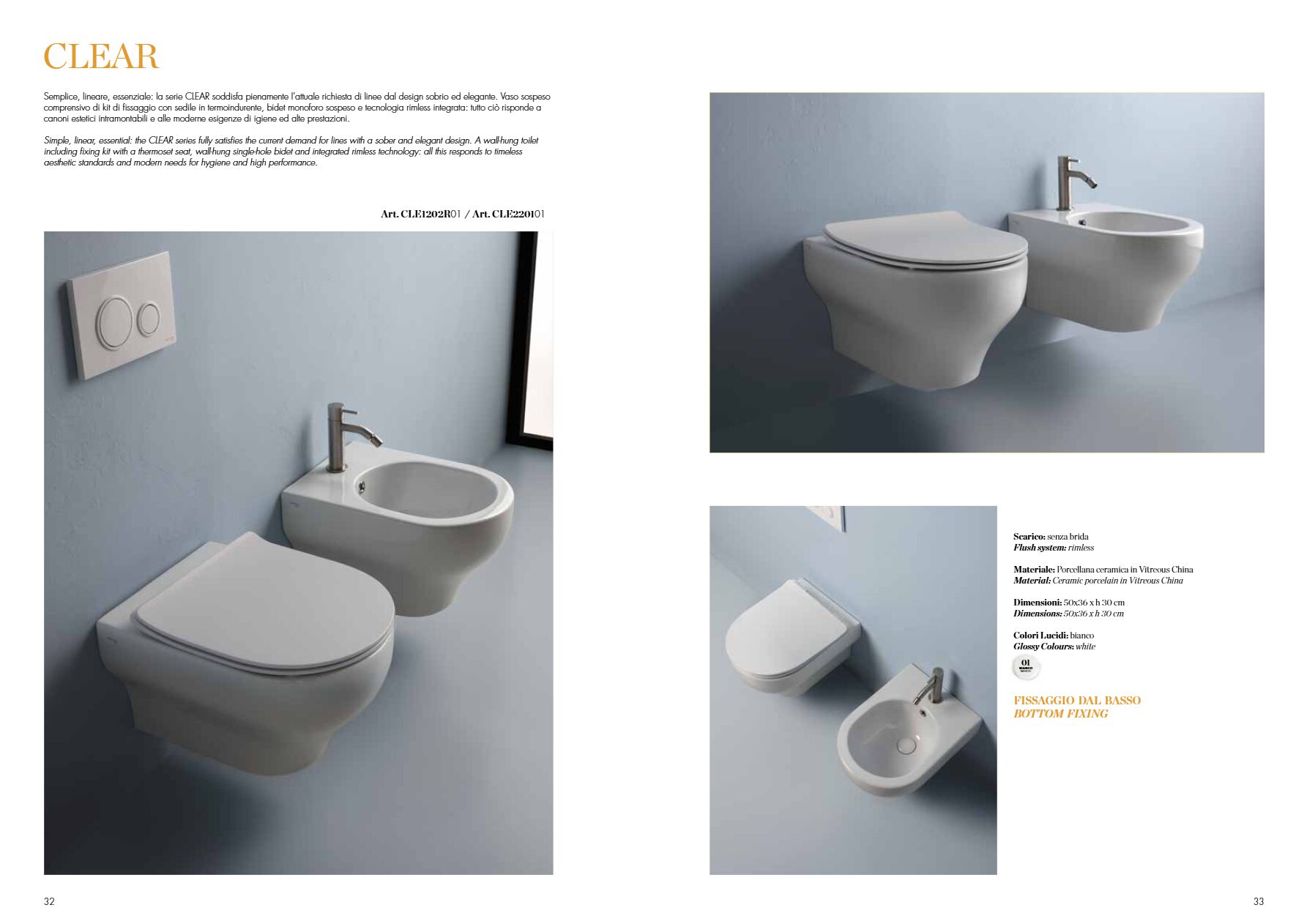 CLEAR Wall-hung rimless Vitreous China toilet By Olympia Ceramica