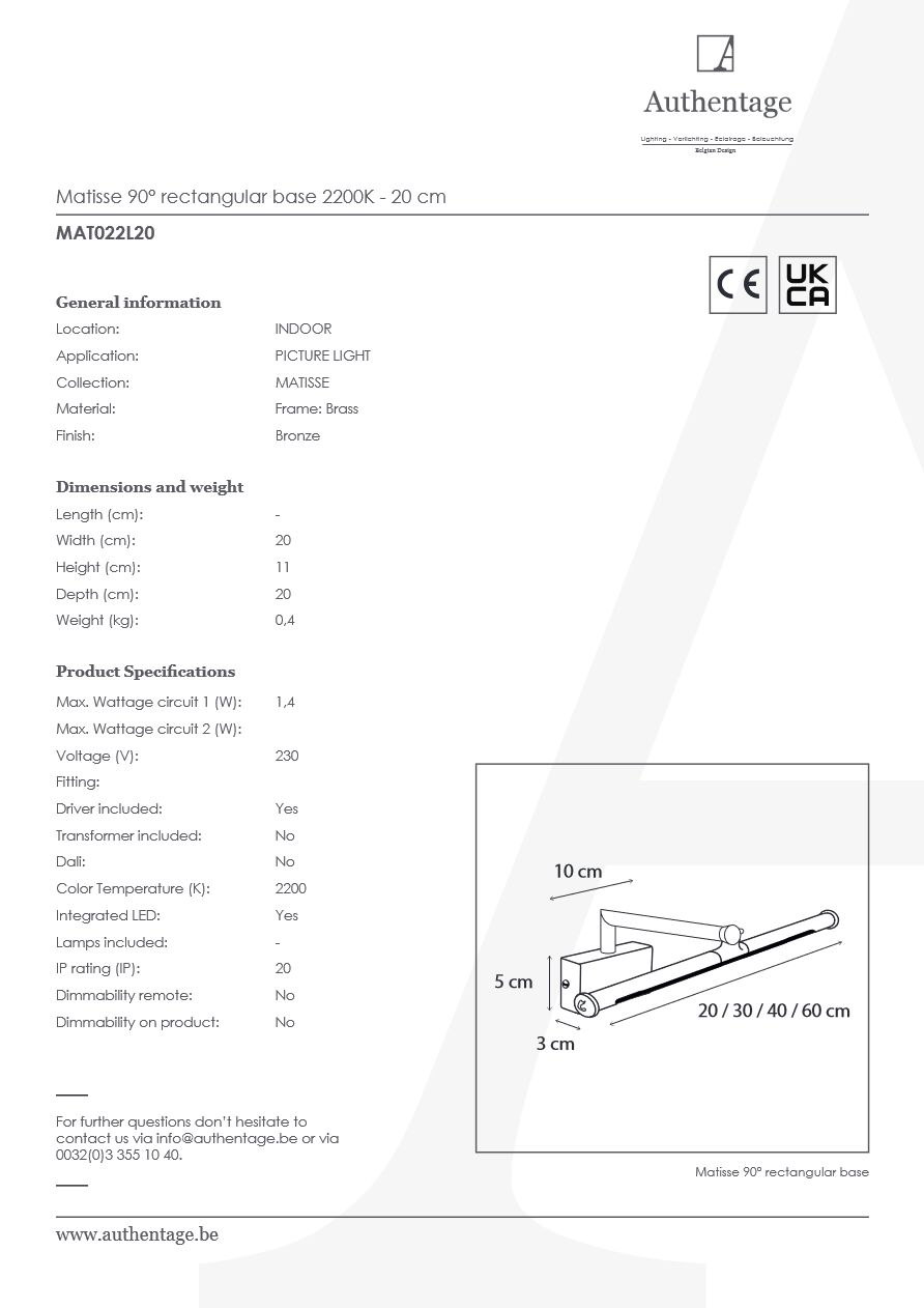 MATISSE 90° RECTANGULAR BASE Wall lamp By Authentage Lighting